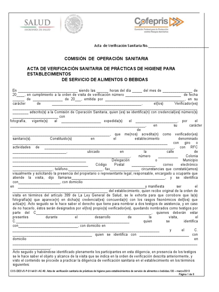 Acta de Verificacion Sanitaria de Practicas de Higiene para ...