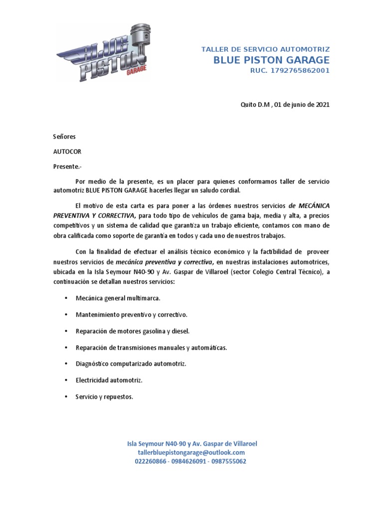 Carta de Presentación Blue Piston Garage | PDF | Business
