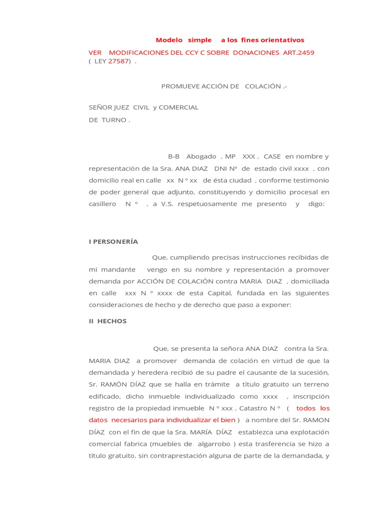 MODELO Simple de COLACIÓN | PDF | Demanda judicial | Herencia