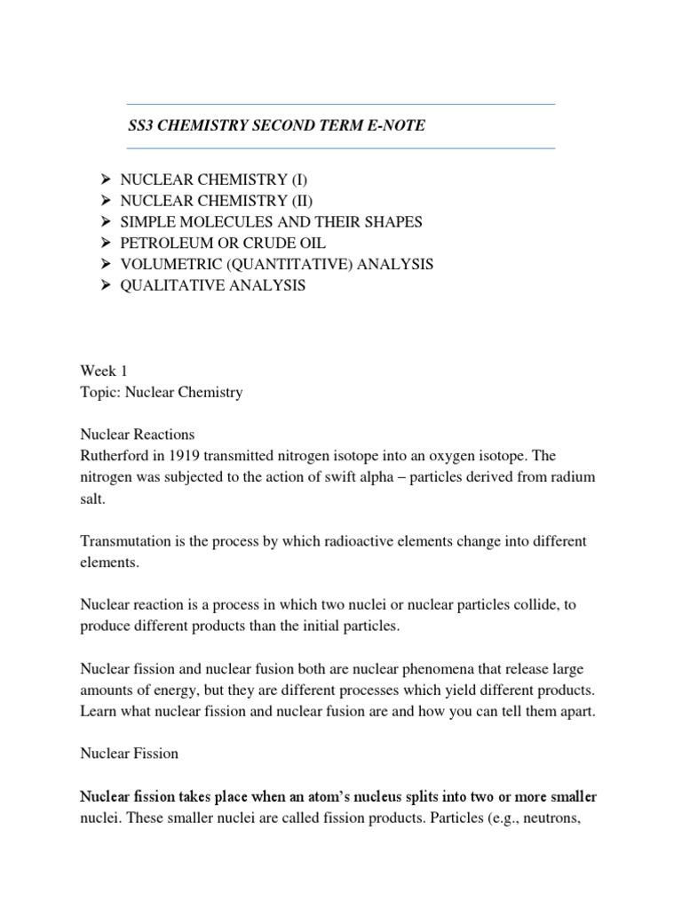 SS3 Chemistry 2nd Term Lesson Note PDF | PDF | Nuclear Physics | Radioactive Decay