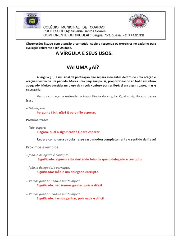 A Vírgula e Seus Usos | PDF | Sintaxe | Mecânica da linguagem