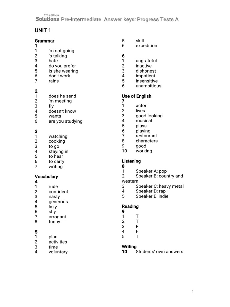 Solutions2e - Progress Tests - Answer Key - A | PDF