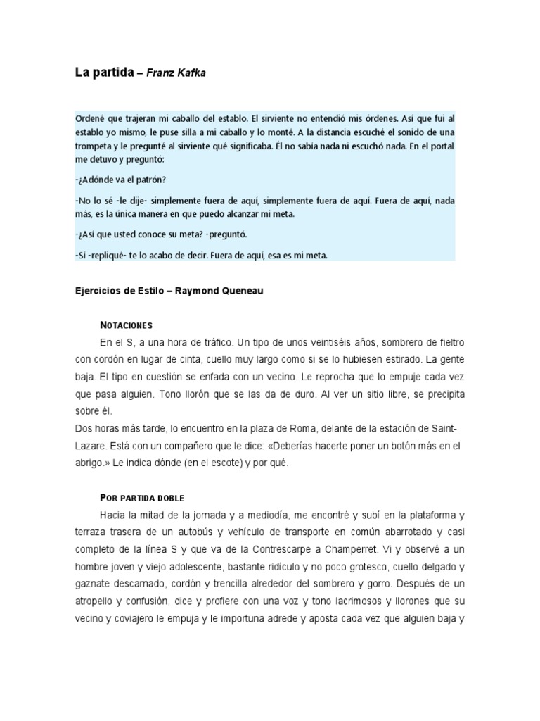 Kafka - La Partida - Queneau - Ejercicios de Estilo | PDF | Lingüística | Mecánica del lenguaje