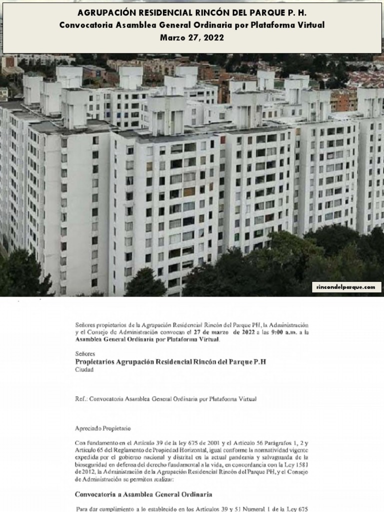 Convocatoria a Asamblea General Ordinaria virtual de la Agrupación Residencial Rincón del Parque ...