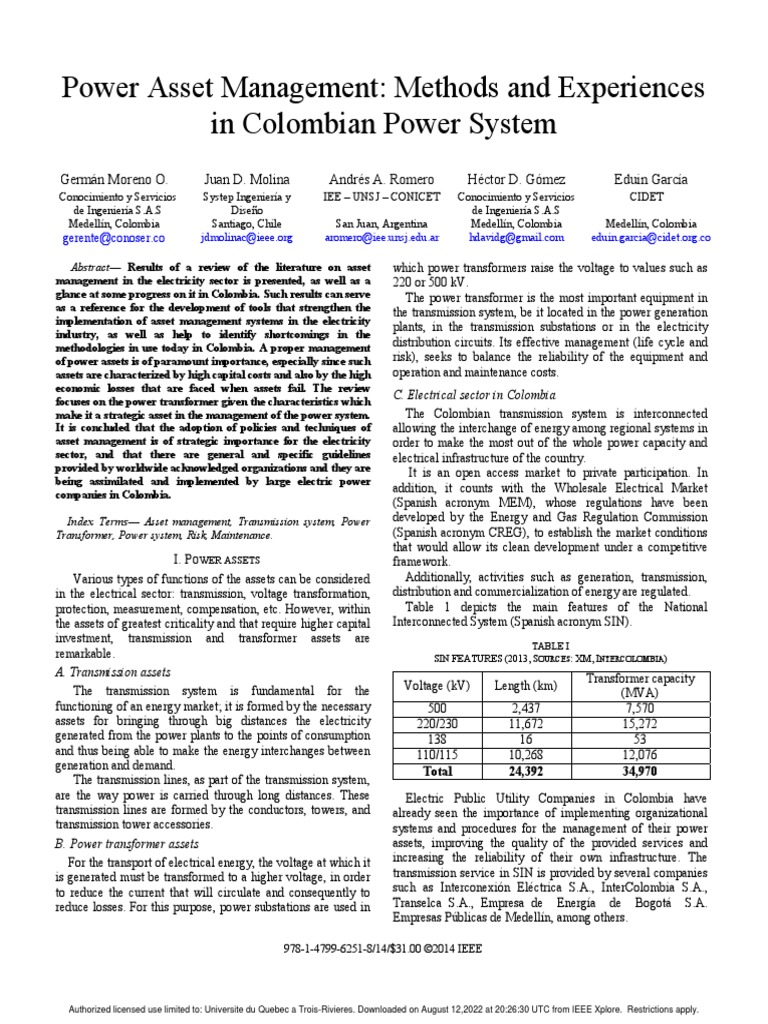 2014 Power Asset Management Methods and Experiences in Colombian Power ...