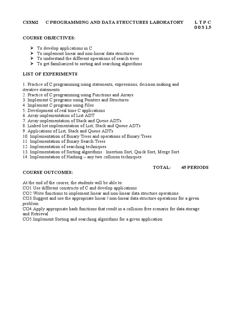 CS3362 C Programming and Data Structures Laboratory | PDF