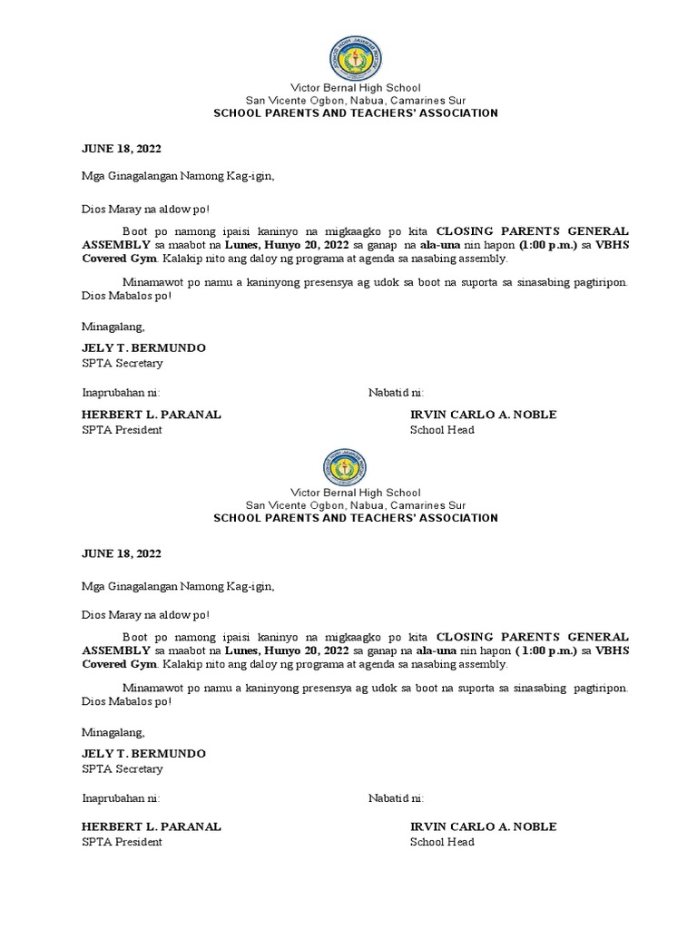 Communication Letter Closing Parents Assembly | PDF
