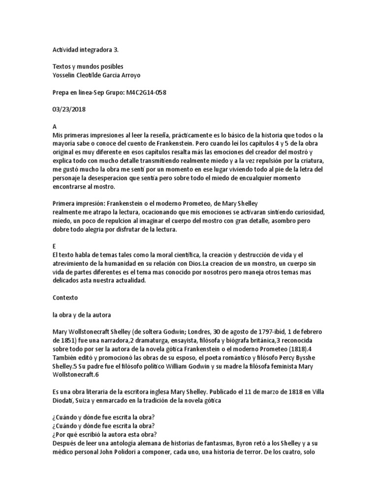 Actividad Integradora 3 MODULO 4 SEMANA 2 | PDF | Mary Shelley | Frankenstein