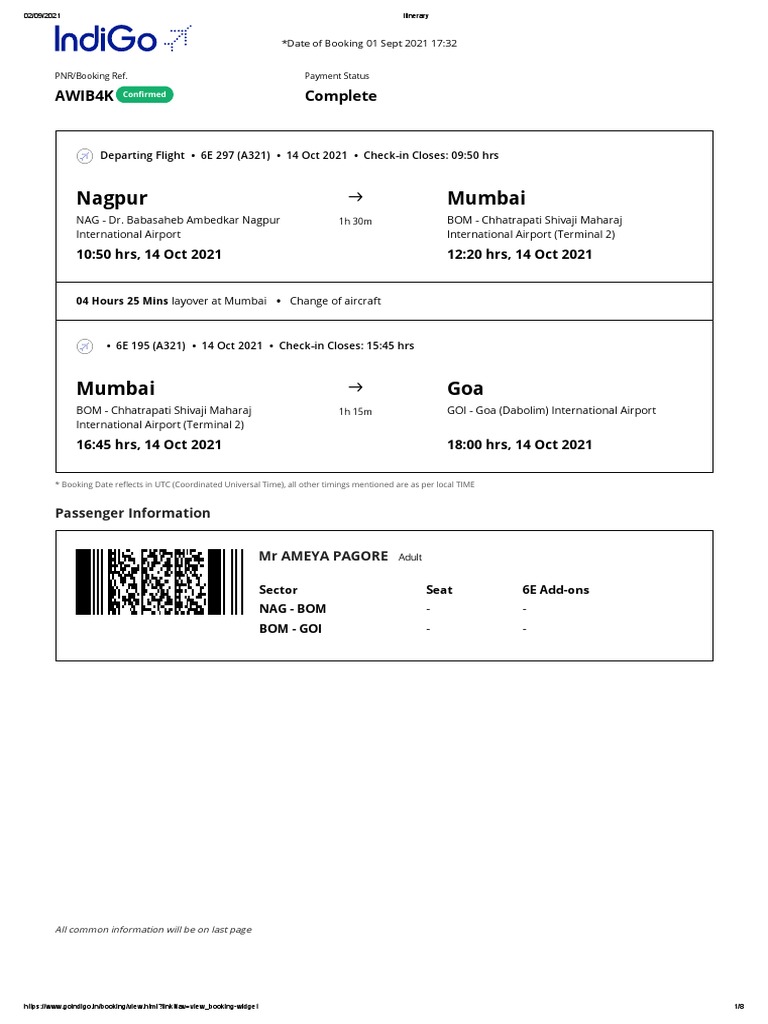 IndiGo Flight Itinerary from Nagpur to Goa via Mumbai | PDF | Airport ...