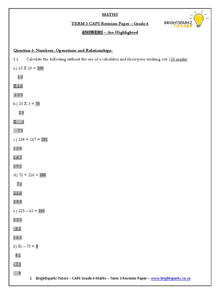 CAPS Maths Grade 4 - Term 3 Revision Paper MEMO | PDF | Area | Geometry