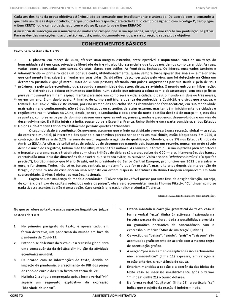 QUADRIX Cad Prova 200 Assistente Administrativo CORE-TO Concurso ...