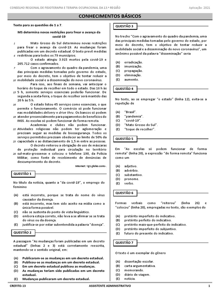 QUADRIX Cad Prova 200 Assistente Administrativo CREFITO-13 Concurso Publico 2021 | PDF ...