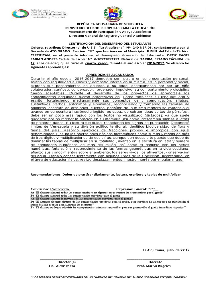 Modelo Informe Final | PDF | Venezuela | Puntuación