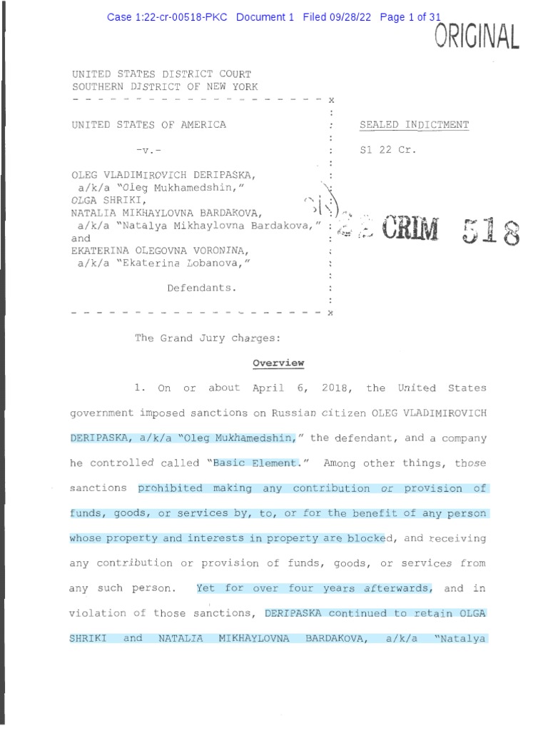 Oleg Deripaska Et Al Sept 29th Indictment | PDF | Office Of Foreign ...