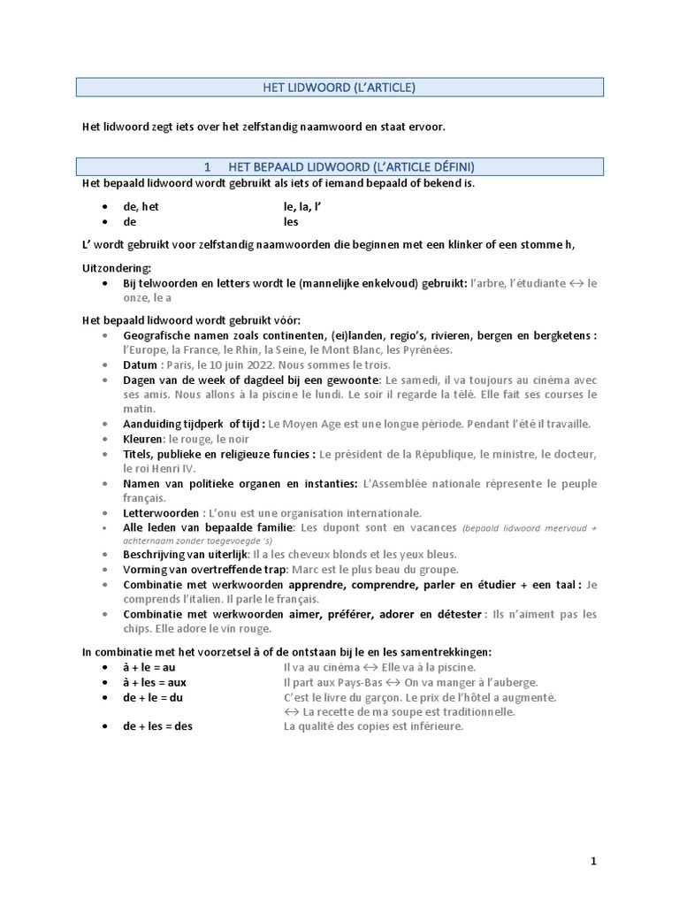 Franse grammatica - Lidwoord en zelfstandig naamwoord | PDF