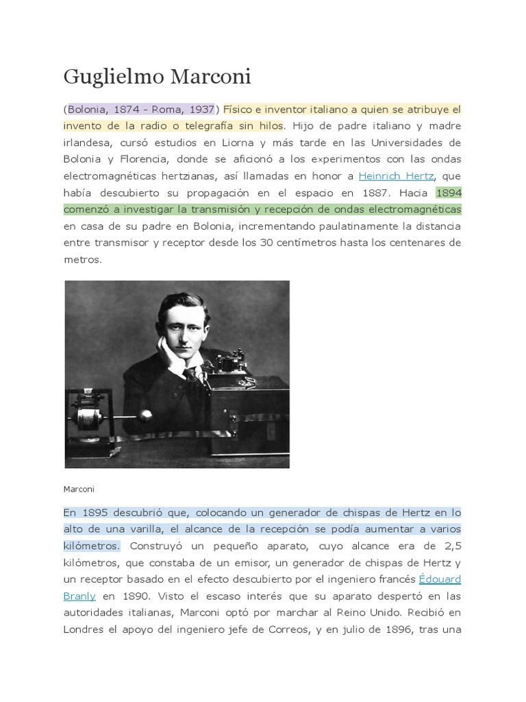 Biografía de Guglielmo Marconi, inventor de la radio | PDF | Radio ...