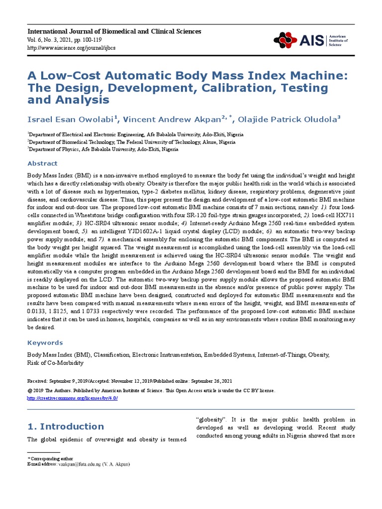 A Low-Cost Automatic Body Mass Index Machine: The Design, Development ...