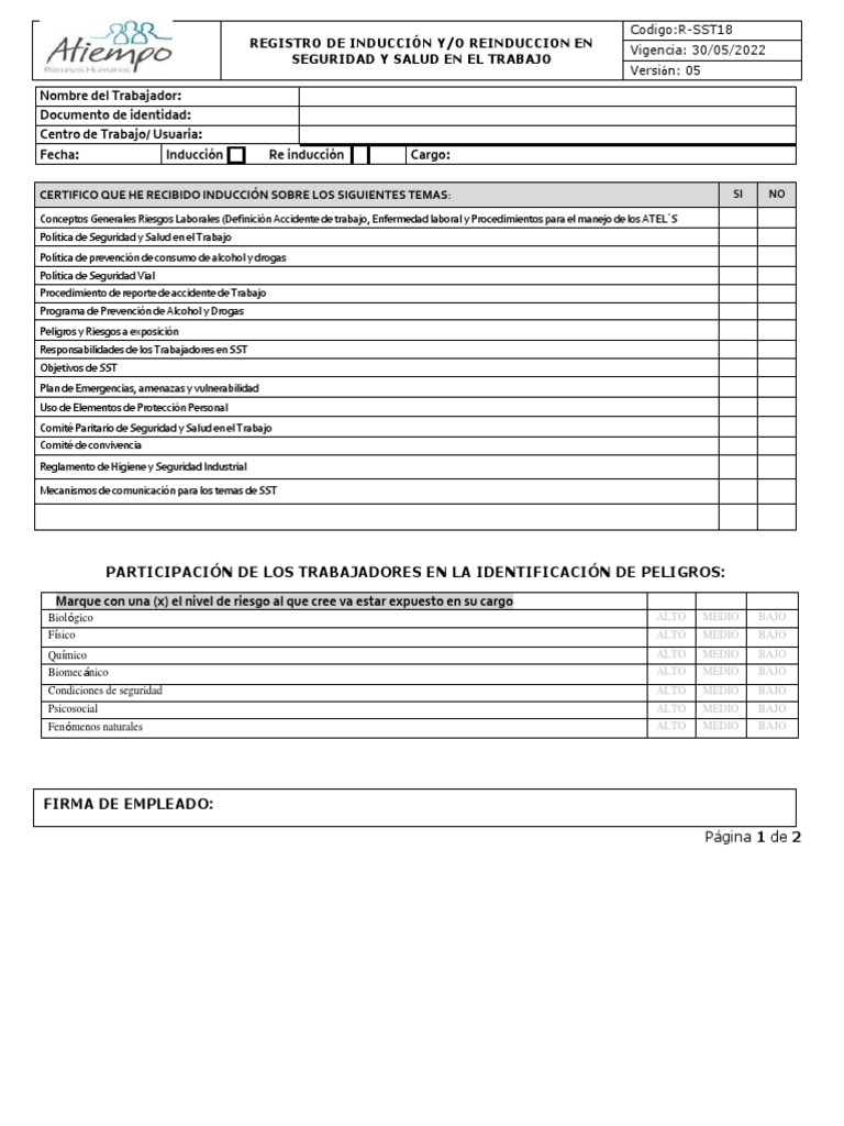 R-sst18 - Registro de Induccion en SST Actualizado | PDF | Ciencias de ...