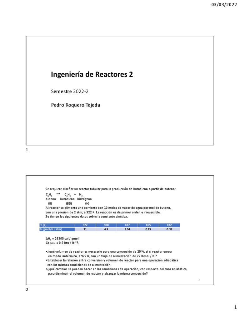 IR2 2022-2 Diapositivas-05 | PDF | Reactor Quimico | Termodinámica