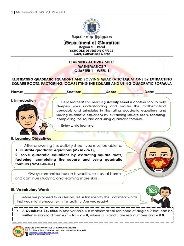 Math-9 Las q1 Week-1 | Download Free PDF | Quadratic Equation | Equations