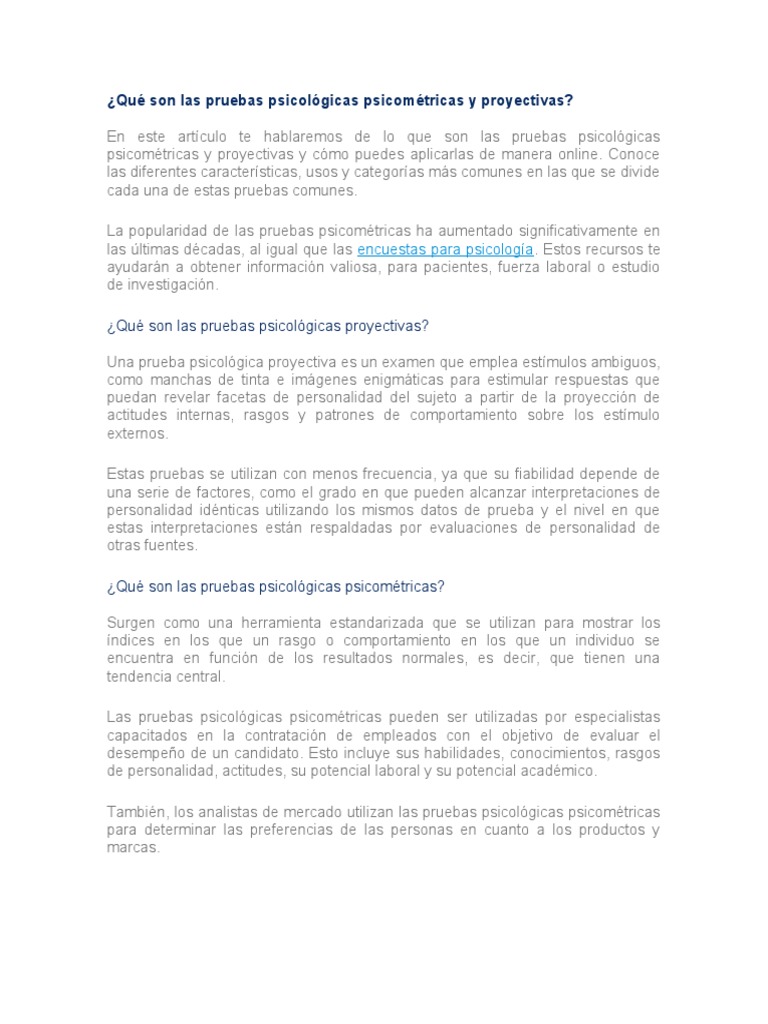 Qué Son Las Pruebas Psicológicas Psicométricas y Proyectivas | Descargar gratis PDF | Sicología ...