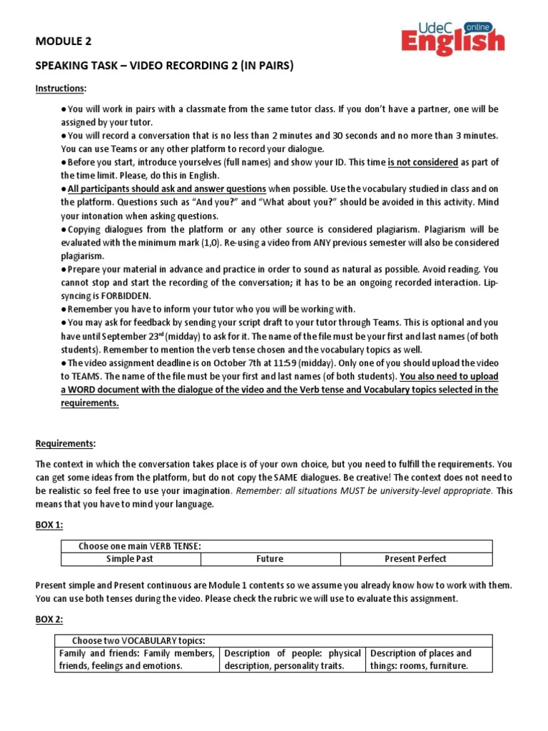 M2 Video - Instructions and Tasks 2022-2 IN PAIRS | Download Free PDF | Communication | Linguistics