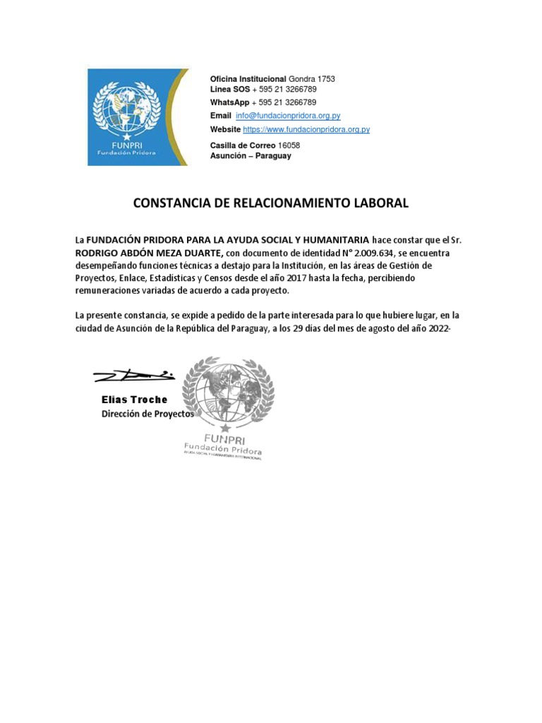 Contancia Laboral Rodrigo Meza | PDF