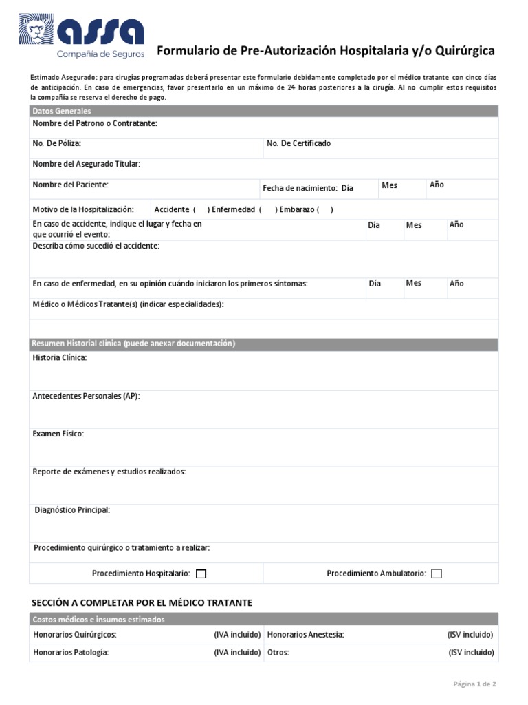 Formulario de Preautorizacion Hospitalaria y o Quirurgica | PDF ...