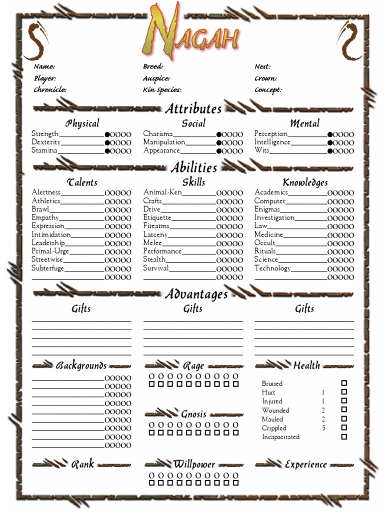 WtA Nagah Sheet | PDF | Role Playing Games