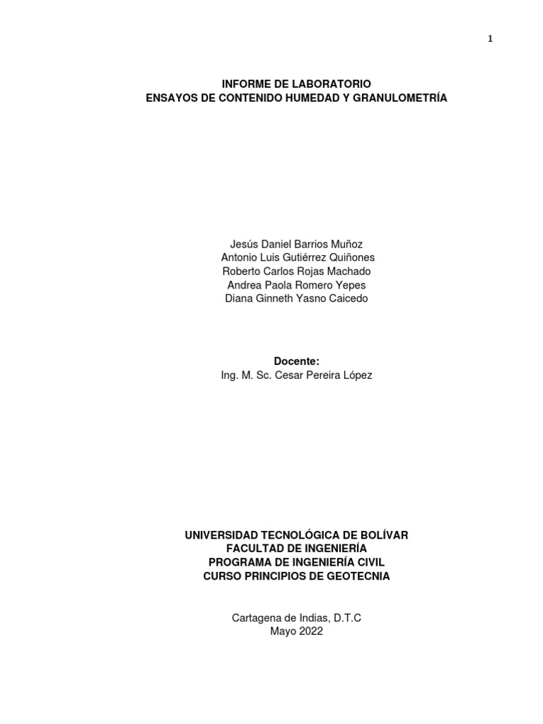 Informe Contenido de Humedad y Granulometria | PDF | Ciencias de la ...