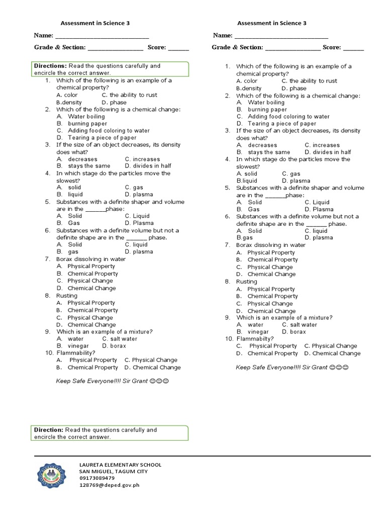Assessment Test in Science Module 2 | PDF | Chemical Substances | Phase ...