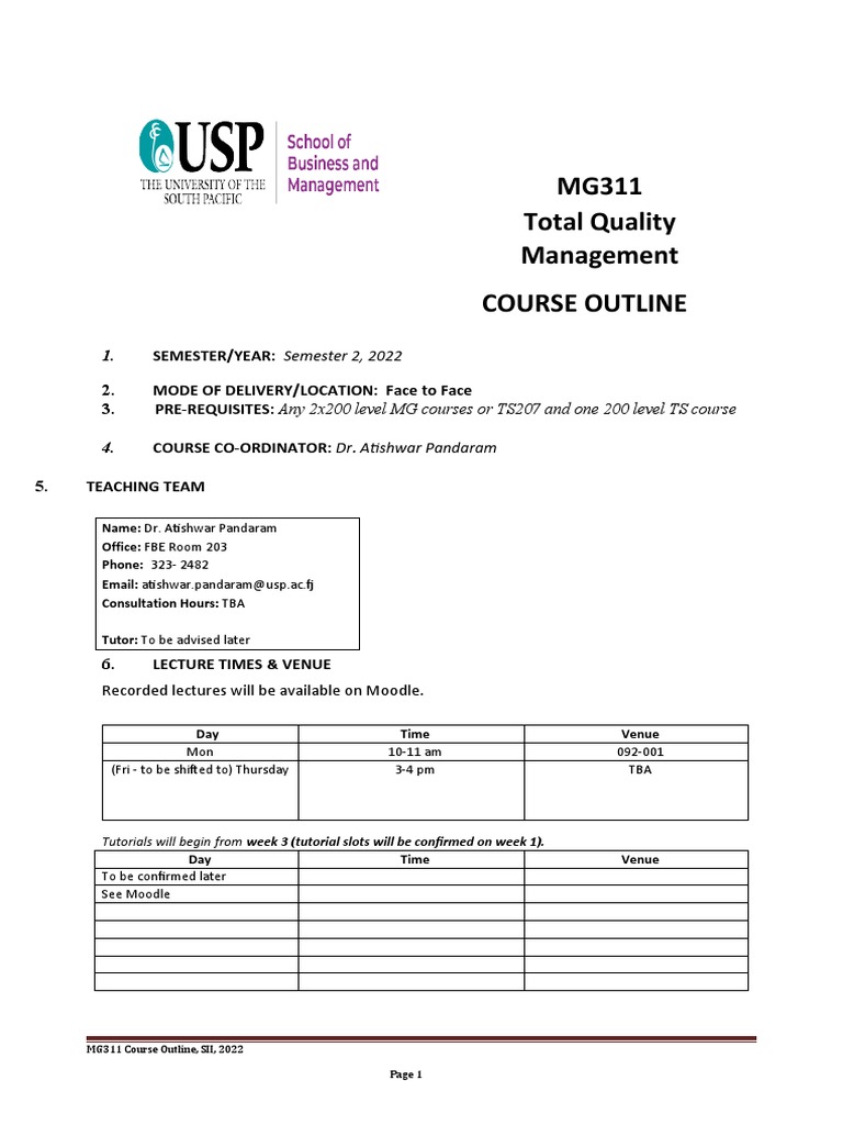 MG311 FF Course Outline Sem 2 2022 U B | PDF | Quality Management ...