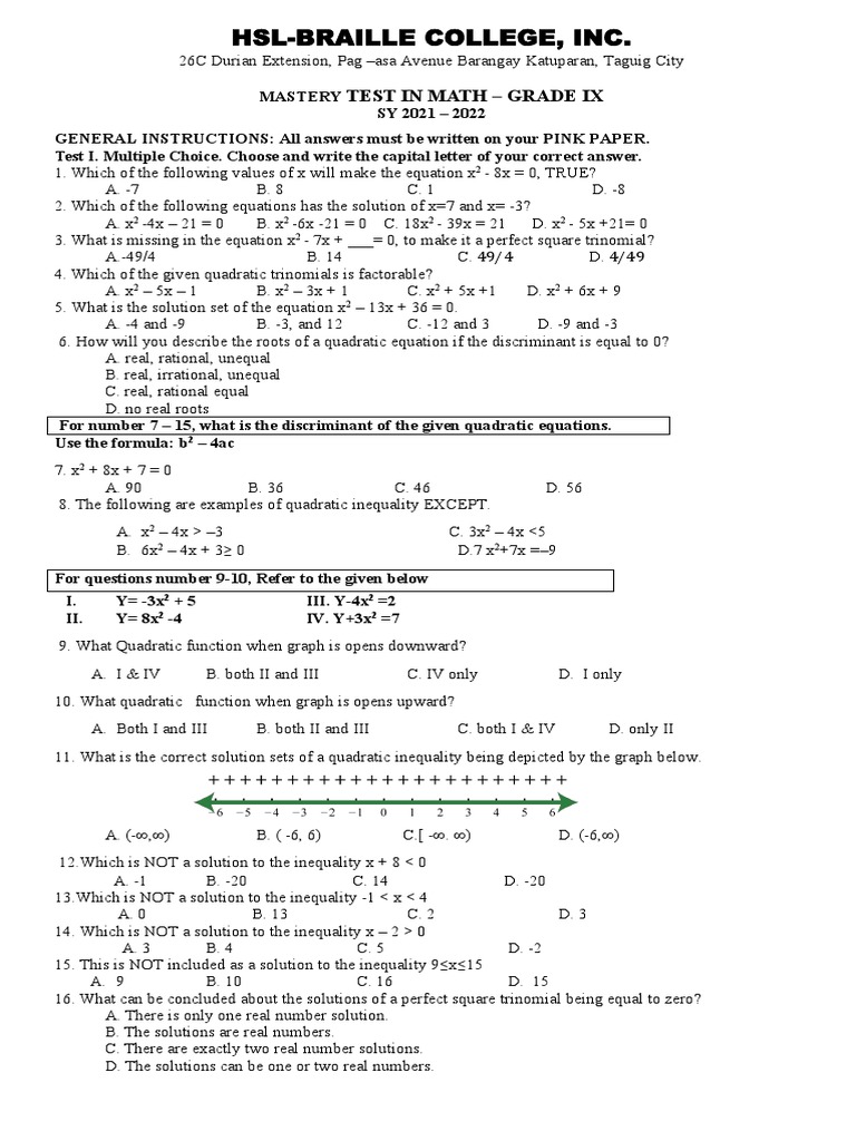 Grade 9 Math Mastery Test 2021-2022 | PDF | Quadratic Equation ...
