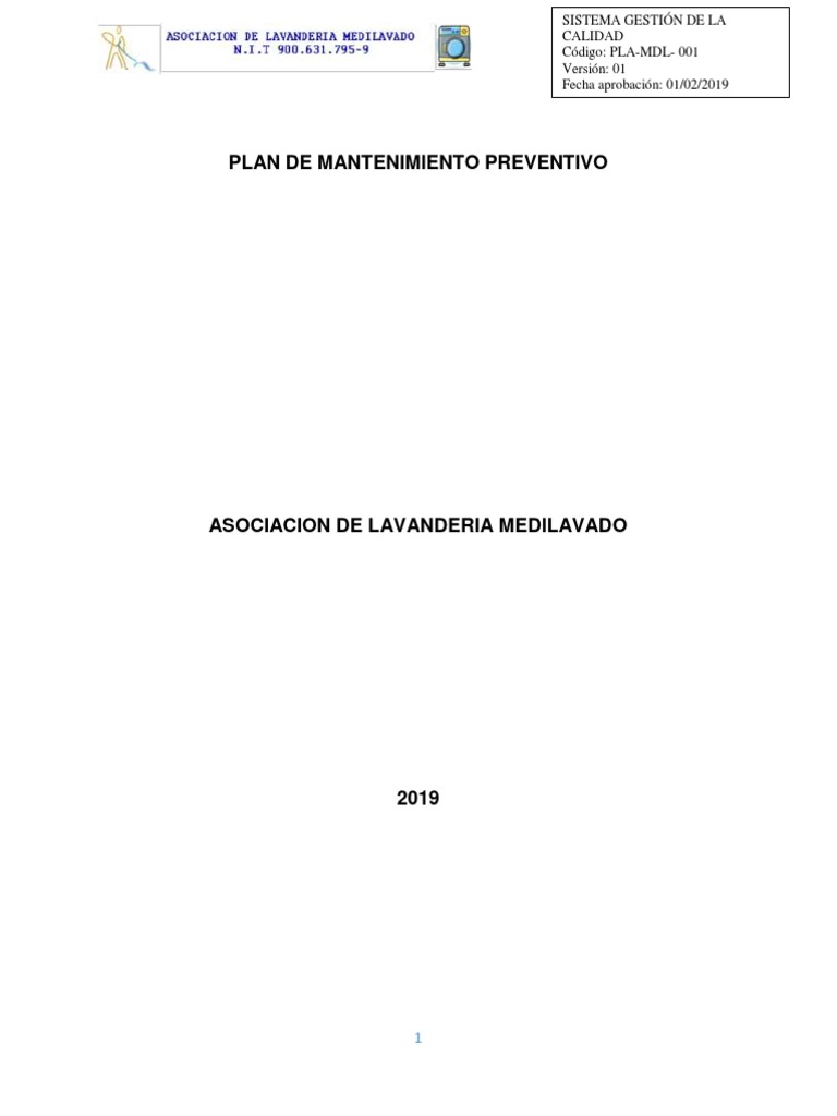 Plan de Mantenimiento Preventivo Pla-Mdl 001 V1 01-02-2019 | Descargar ...
