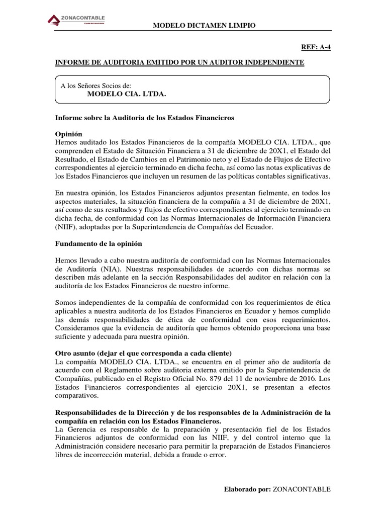 Modelo Dictamen Limpio | PDF | Auditoría | Estado financiero