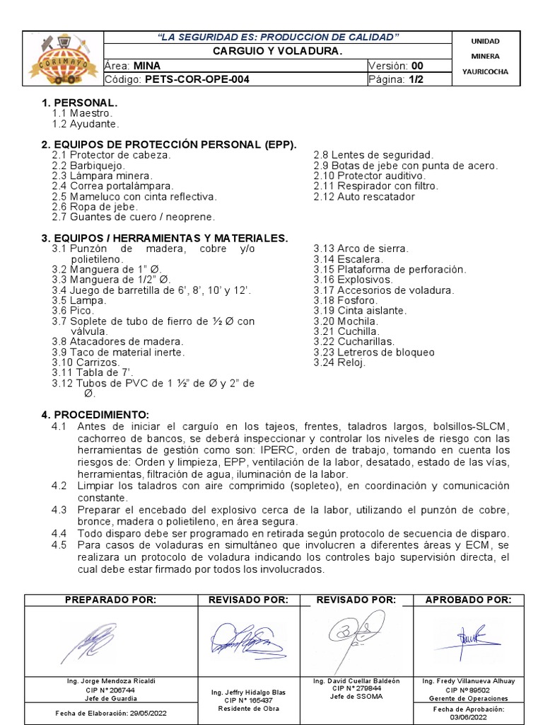 Pets Cor Ope 004 Carguio y Voladura | PDF | Materiales | Materiales de construcción