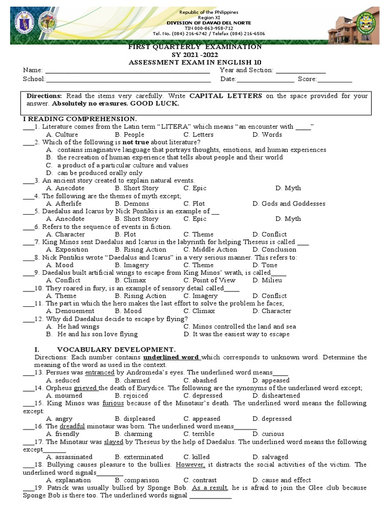 English - Grade-10 EXAM | PDF | Minotaur
