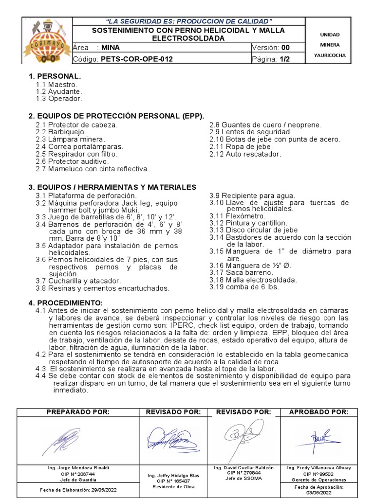 Sostenimiento con Perno Helicoidal y Malla | PDF | Perforación | Artesanías