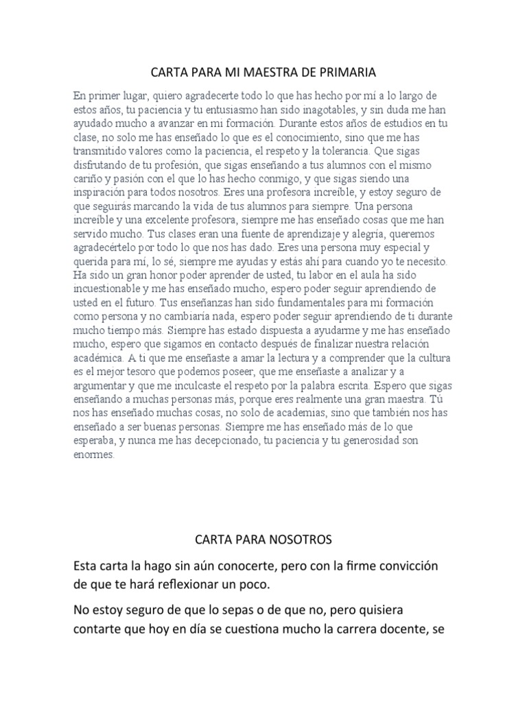 Carta para Mi Maestra de Primaria | PDF | Experiencia | Método de enseñanza