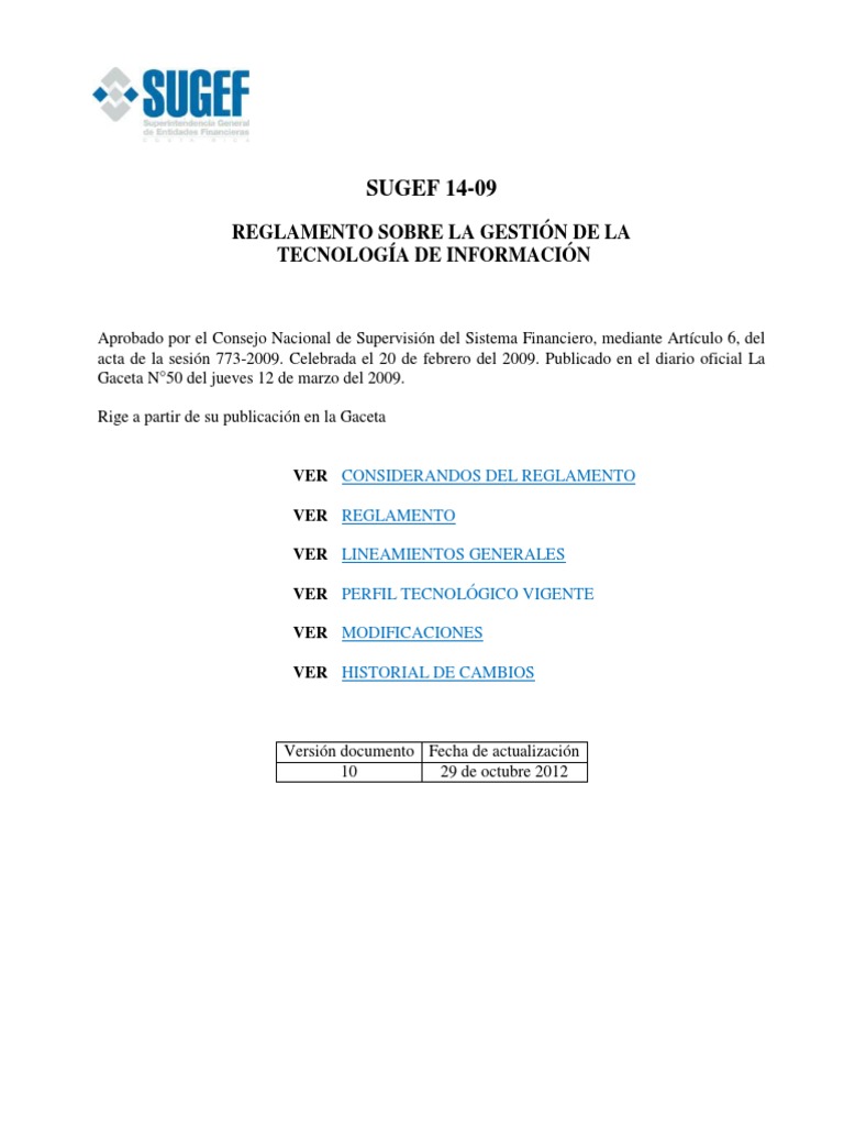 SUGEF 14-09 (v10 Octubre 2012) | PDF | Auditoría | Cobit
