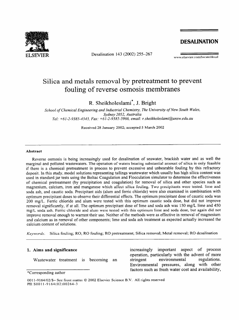 Optimizing Chemical Pretreatment to Prevent Silica Fouling of Reverse Osmosis Membranes in ...