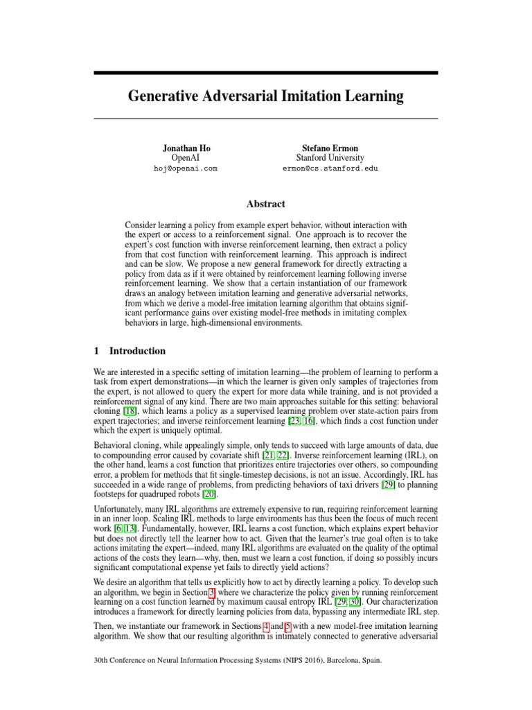 Generative Adversarial Imitation Learning | PDF | Mathematical Optimization | Cognitive Science