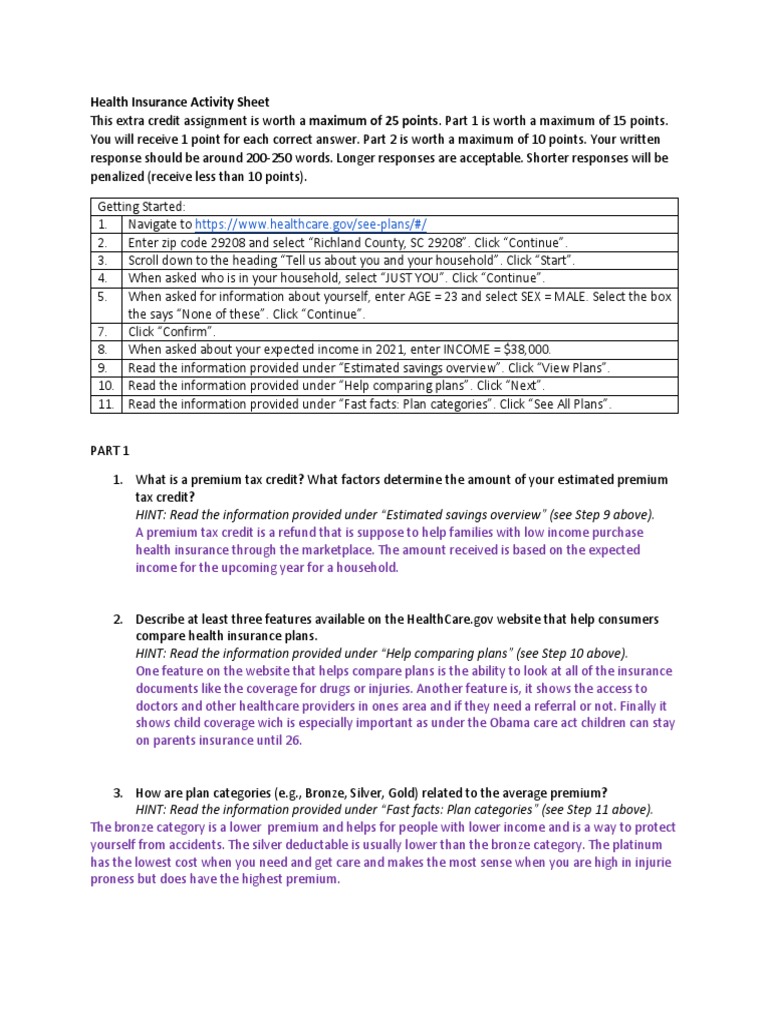 Health Insurance Activity Sheet - Spring 2022 1 | PDF | Insurance ...