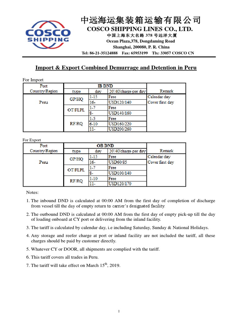 COSCO Shipping Demurrage Tariff Peru | PDF