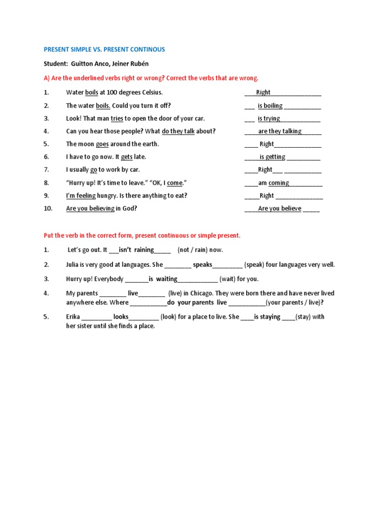 Homework Present Simple Vs Continuous | PDF