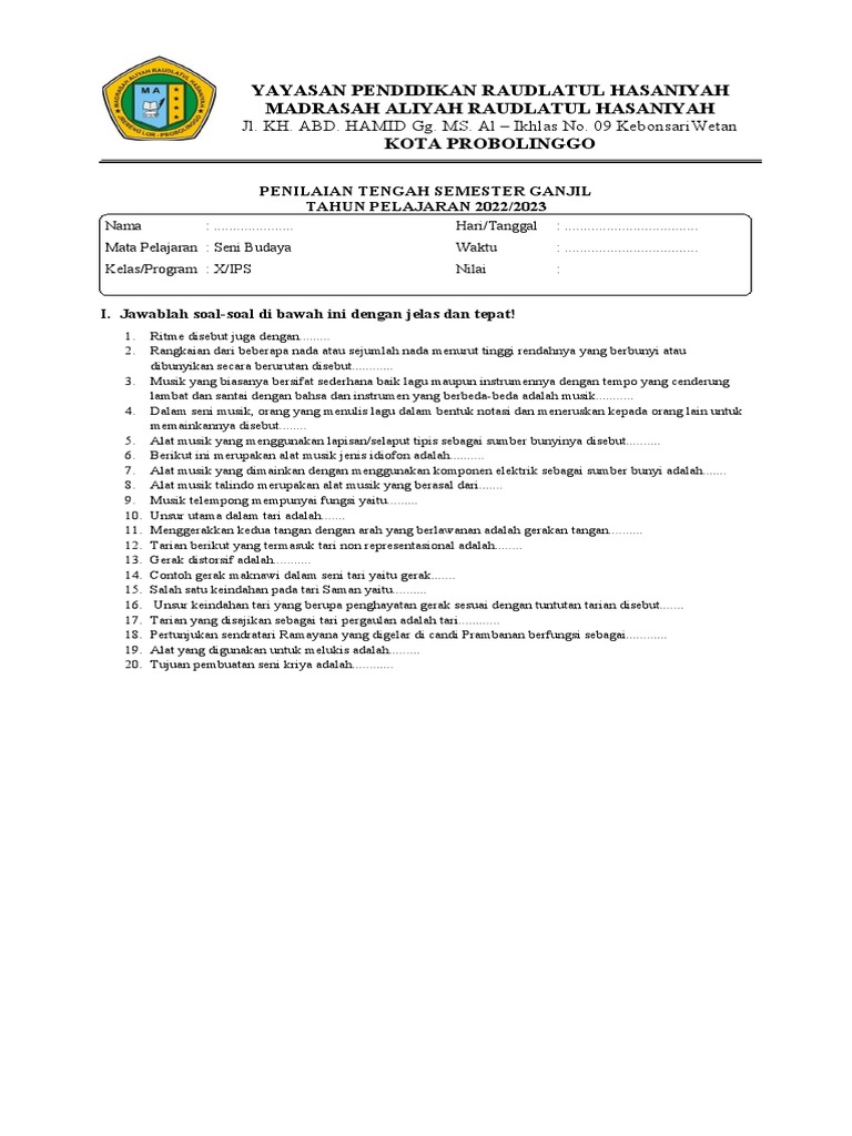 PTS Seni Budaya Ganjil 2022-2023 | PDF