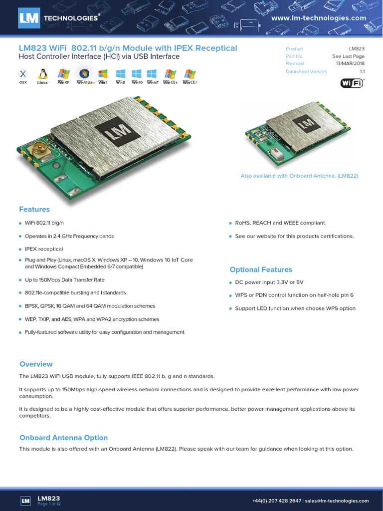 Lm823 Wifi 802.11 B/G/N Module With Ipex Receptical: Host Controller ...
