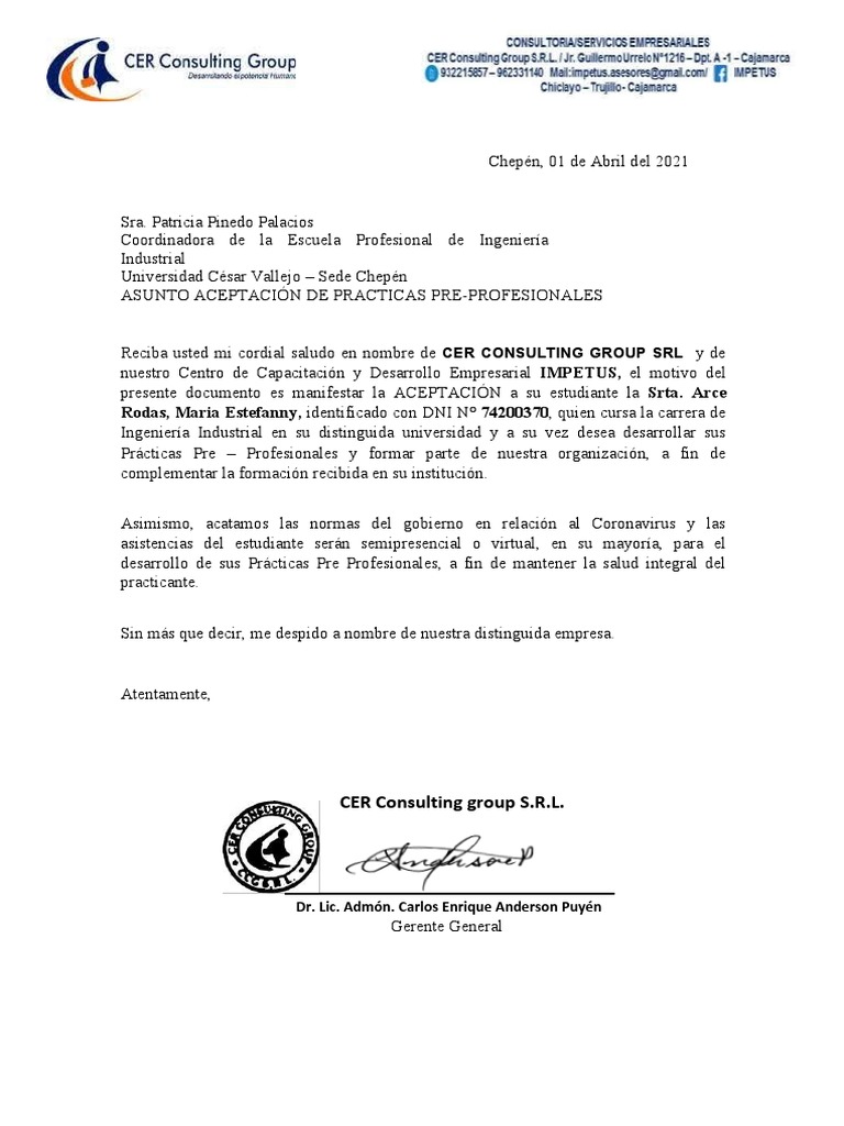 2 Modelo de Carta de Aceptación Prácticas | PDF | Crecimiento personal ...