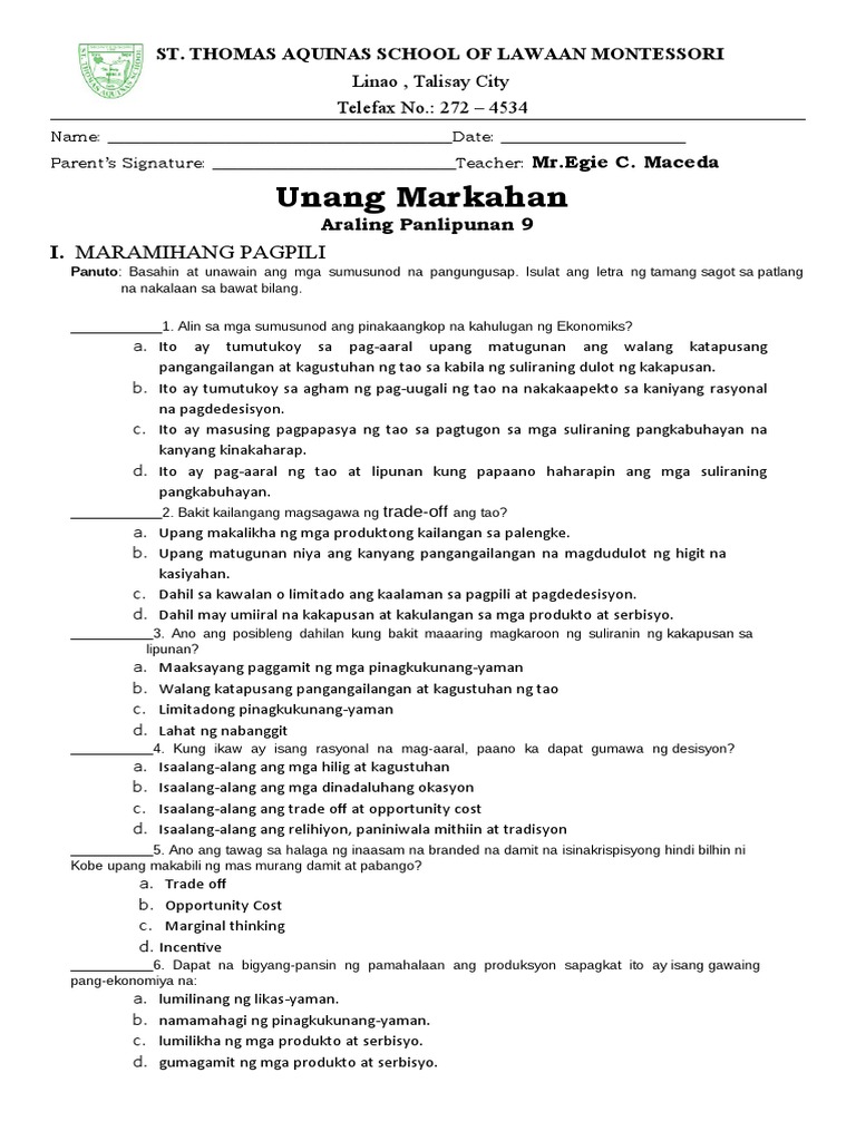 1st Quarter Exam AP9 | PDF