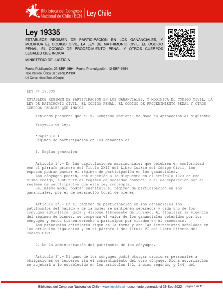 Ley que establece el régimen de participación en los gananciales y modifica diversos cuerpos ...
